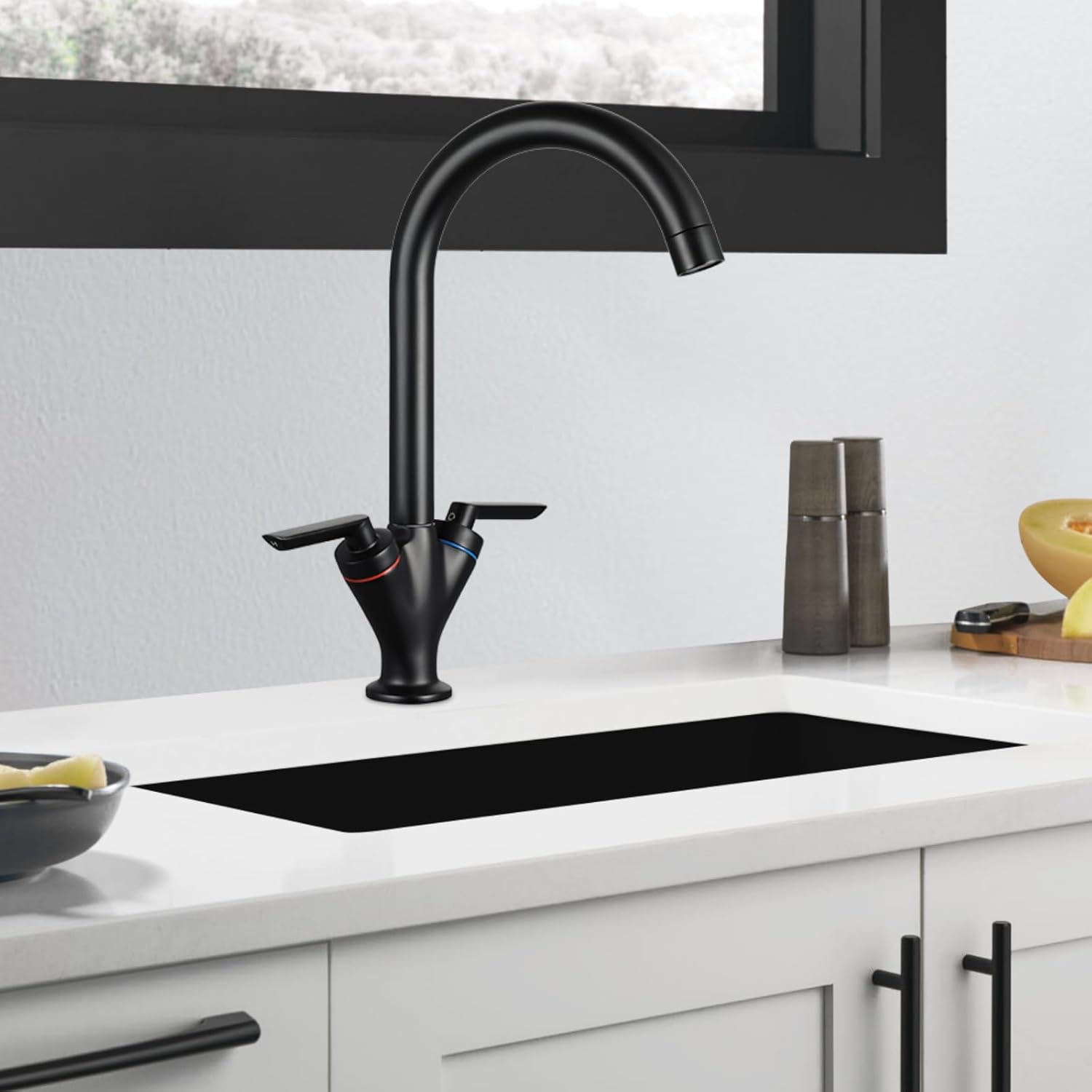 Black Kitchen Taps Hapilife Twin Lever Kitchen Mixer Tap Swivel Spout ...