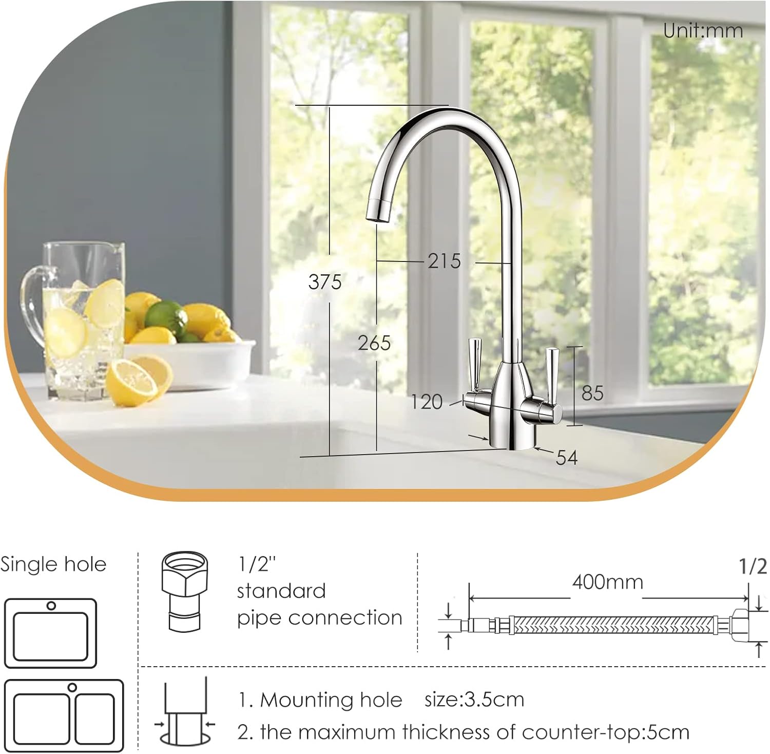Hapilife Kitchen Sink Mixer Tap Monobloc Two Handles 360 Swivel Spout 1 ...